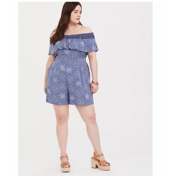 torrid | Pants & Jumpsuits | Torrid Blue Medallion Off Shoulder Challis ...